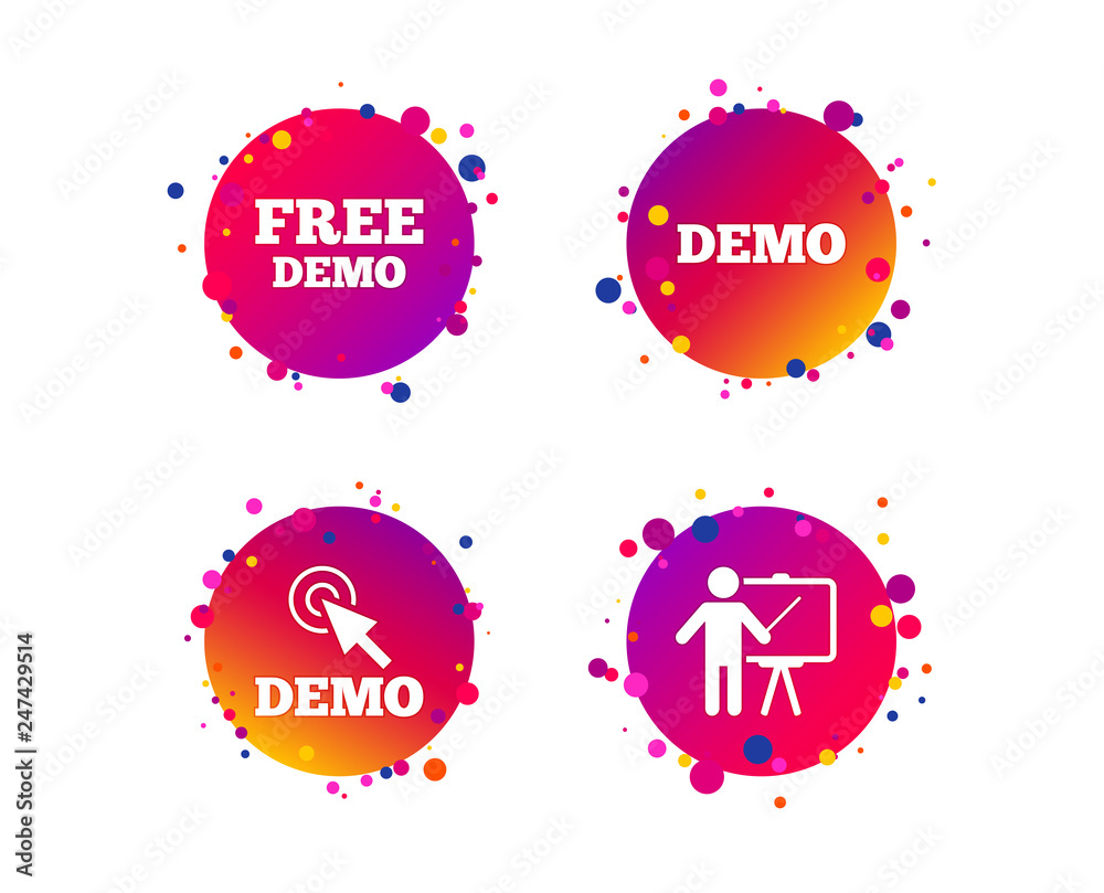 Demo with cursor icon. Presentation billboard sign. Man standing with ...