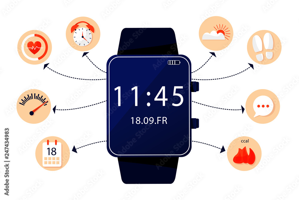 Illustration and infographic of sport tracker. Fitness bracelet and set ...