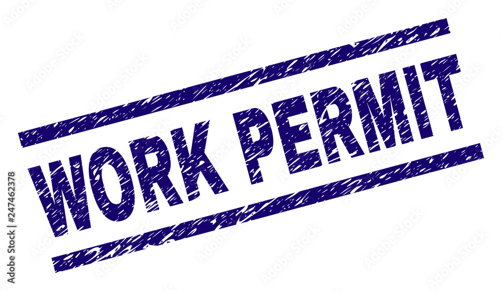 WORK PERMIT seal watermark with distress style. Blue vector rubber ...