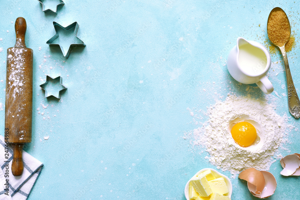 Culinary background with ingredients and props for baking.Top view with ...