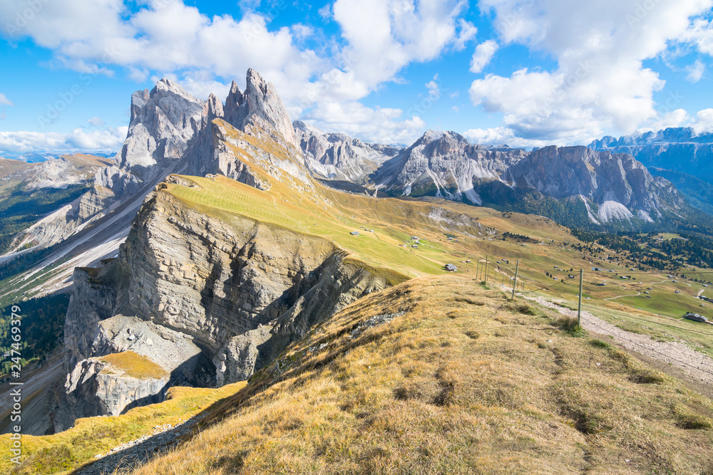 Wonderful view of Seceda Mount Peak with Puez Odle massif in Dolomites ...