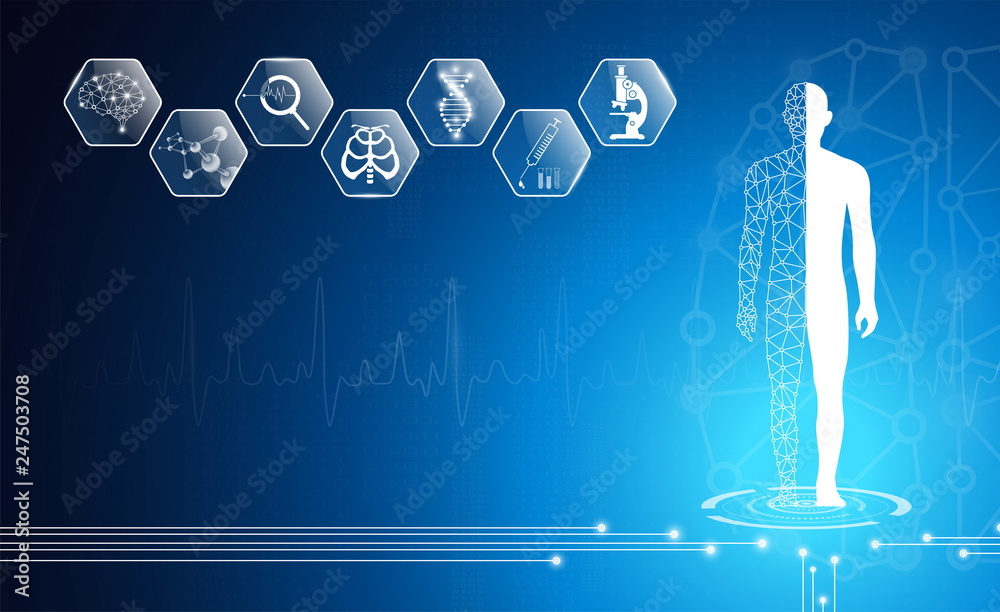 abstract background technology concept in blue light,brain and human ...