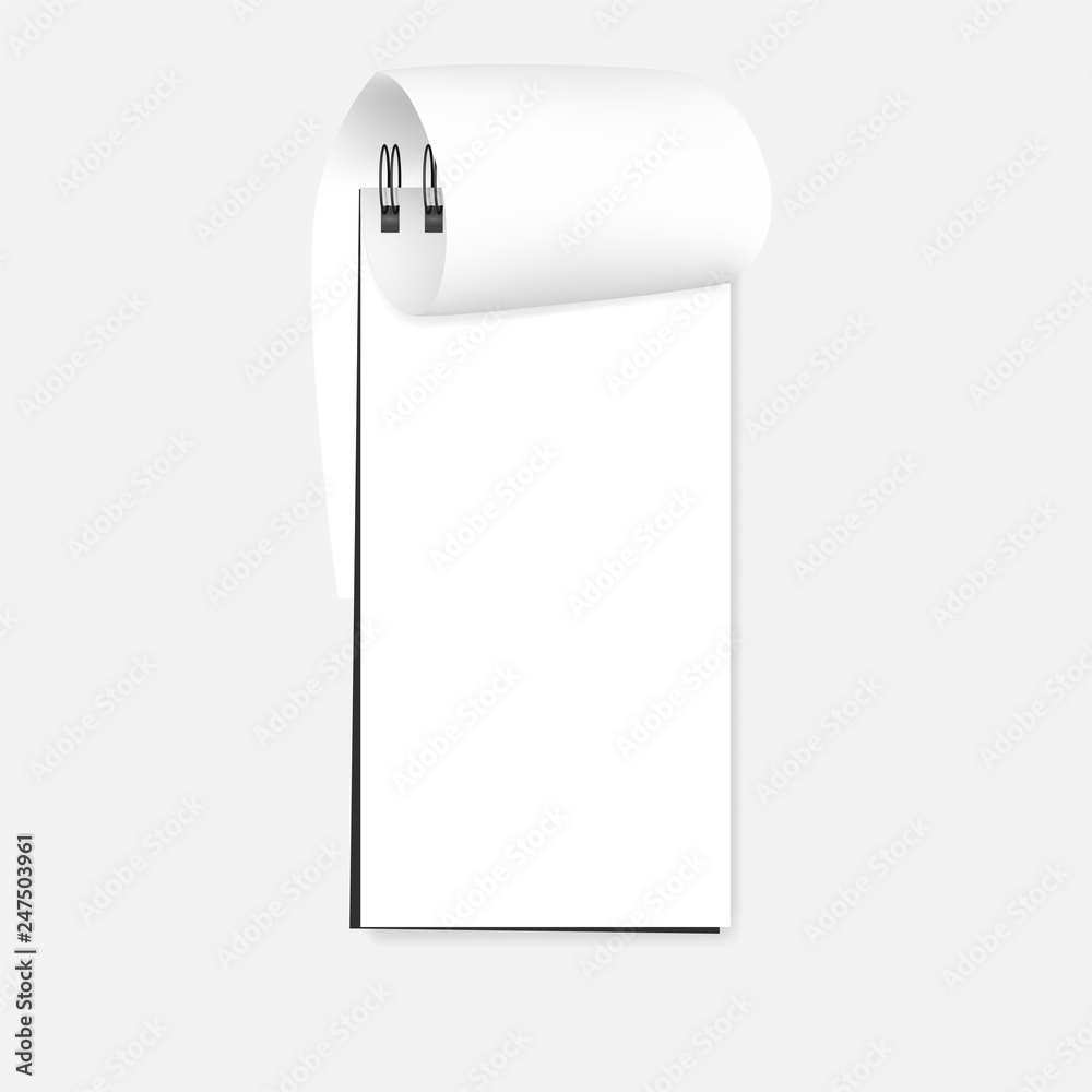 Spiral blank reporter notebook with bent page, realistic vector mockup ...