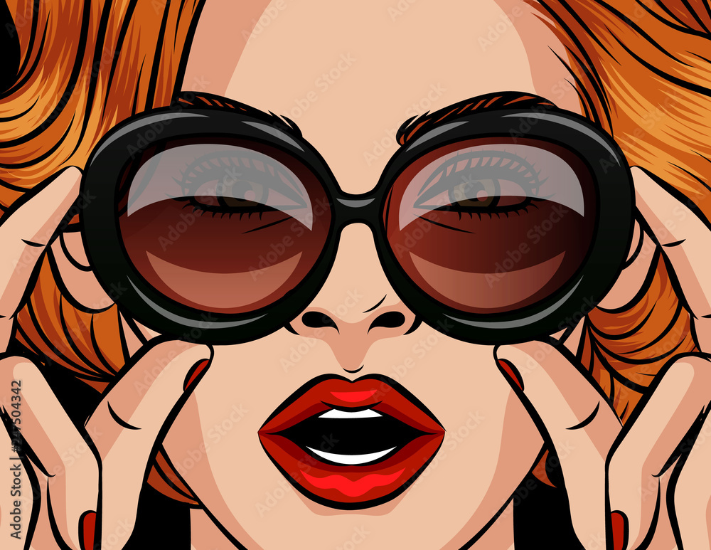 Color Vector Poster In Pop Art Style Girl With Red Hair In Sunglasses Lady Holds Glasses In