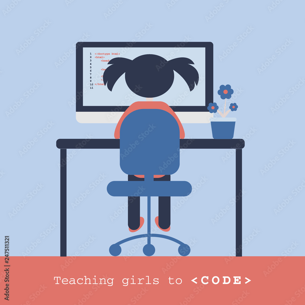 Girl coding behind the laptop. Children programming concept. Coding for ...