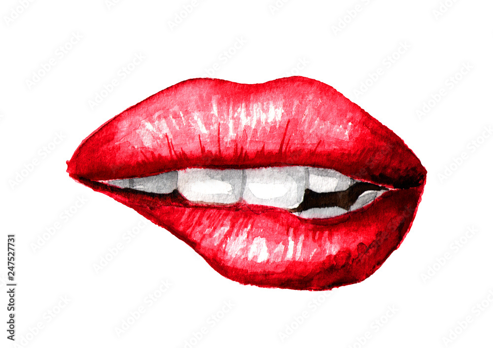 Sexy Plump puffy biting lips with red lipstick . Watercolor hand drawn ...