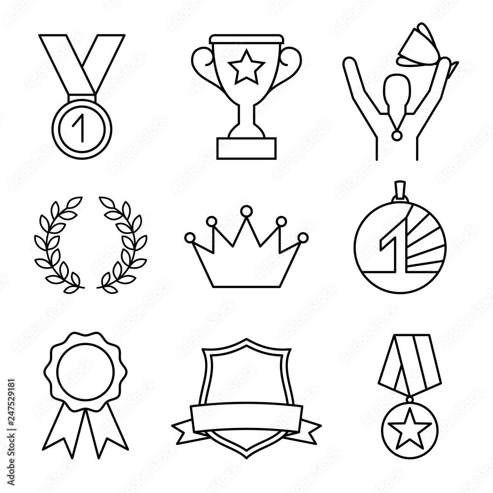 Awards line icons. Award linear sign set, awarded banners and awarding ...