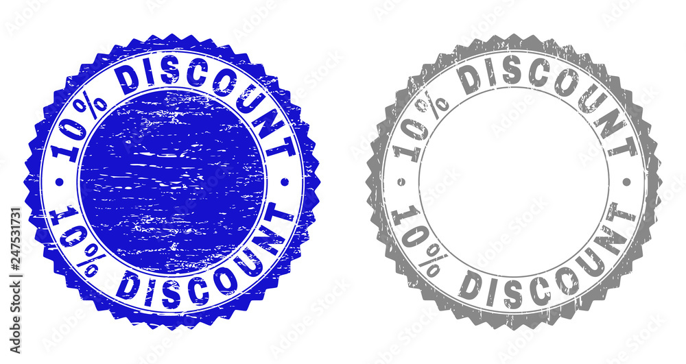 10% DISCOUNT stamp seals with distress texture in blue and gray colors ...