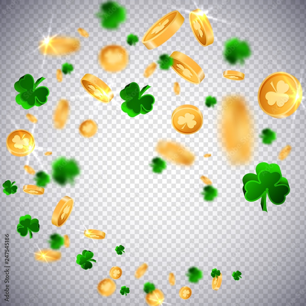 3d Gold lucky coins with Saint Patrick Day traditional symbol shamrock ...