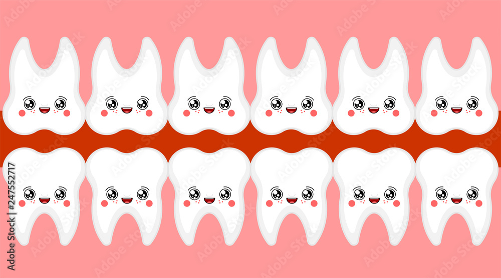 Funny Teeth Open mouth. Tooth kawaii Cute cartoon. Sweet vector ...