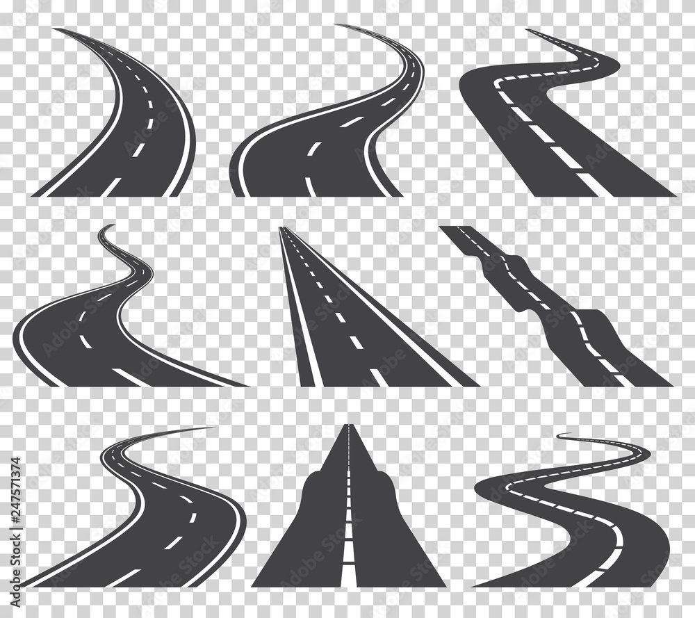 Curved roads vector set. Asphalt road or way and curve road highway ...