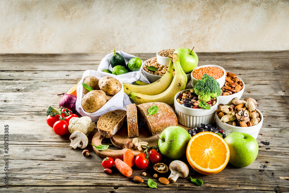 Healthy food. Selection of good carbohydrate sources, high fiber rich ...