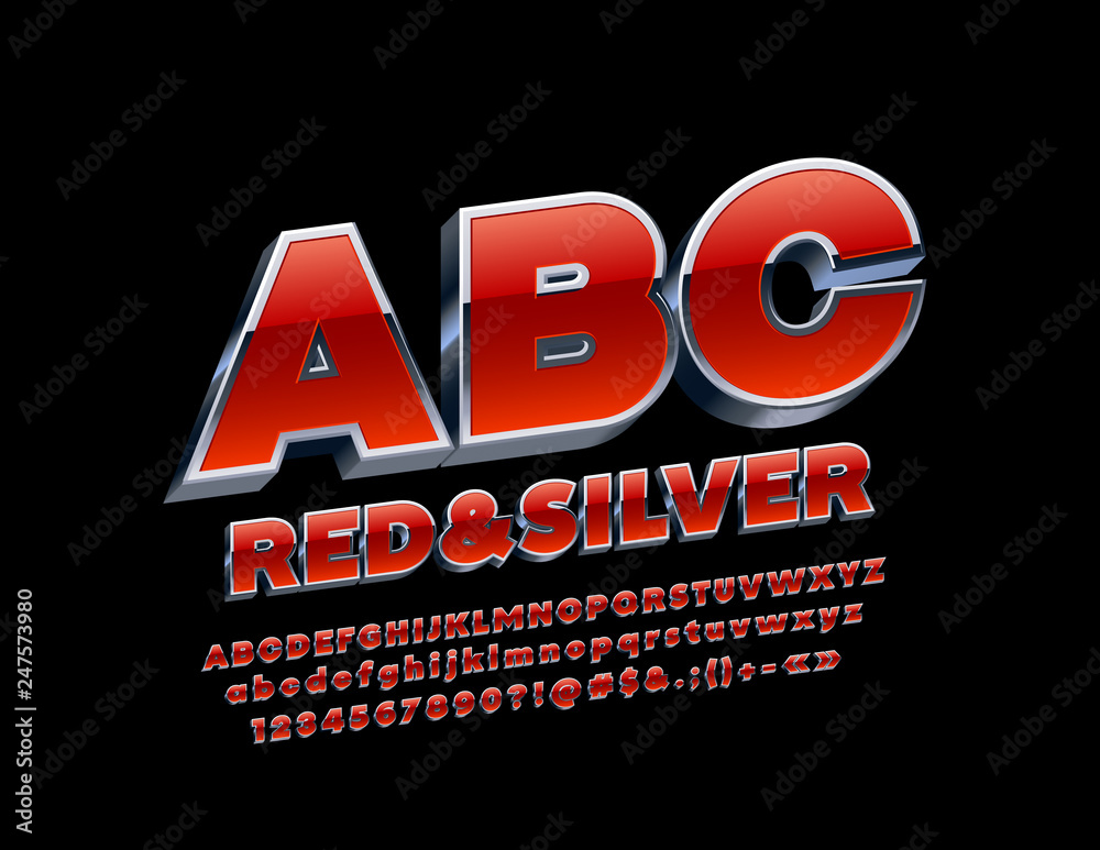 Vector 3D metallic Font. Industrial Red and Silver Alphabet Letters ...