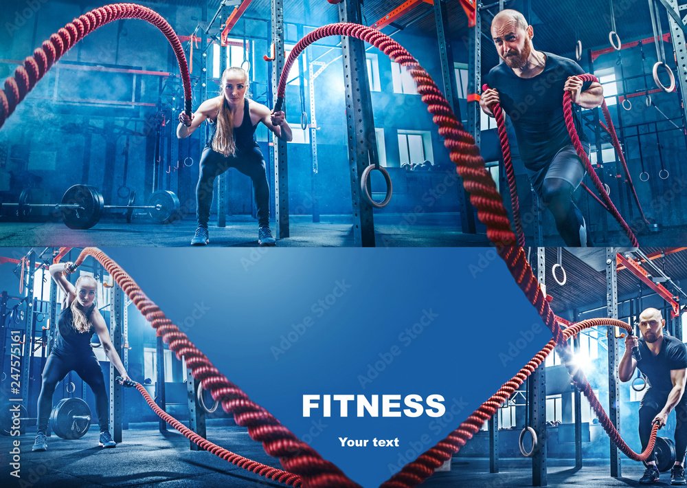 Collage about man with battle rope and woman in the fitness gym. The ...