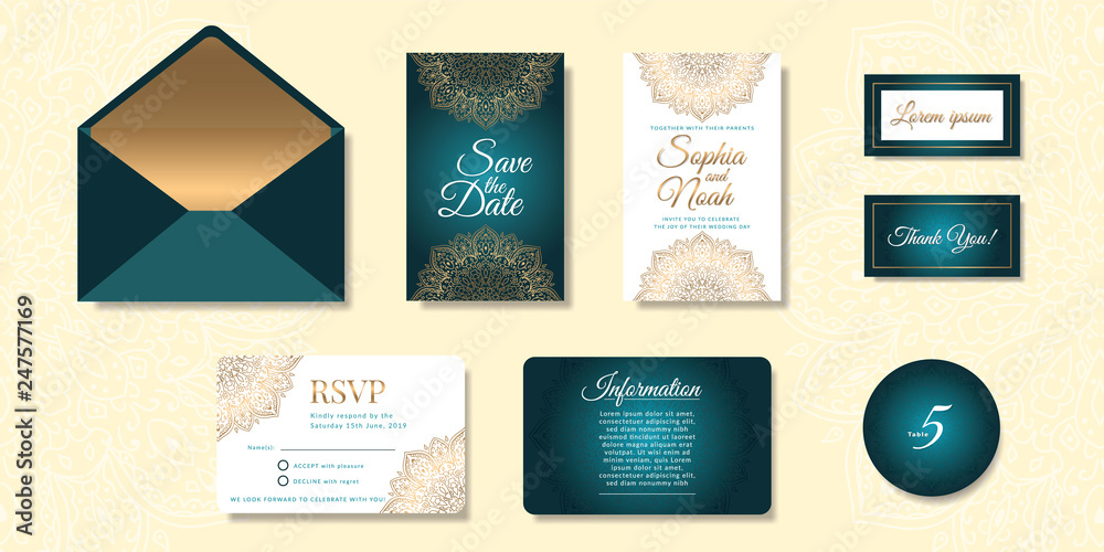 Big set of invitation cards with envelope. Vector template for wedding ...