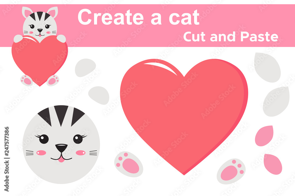 Create a cat, educational paper game for children. Valentines day theme ...