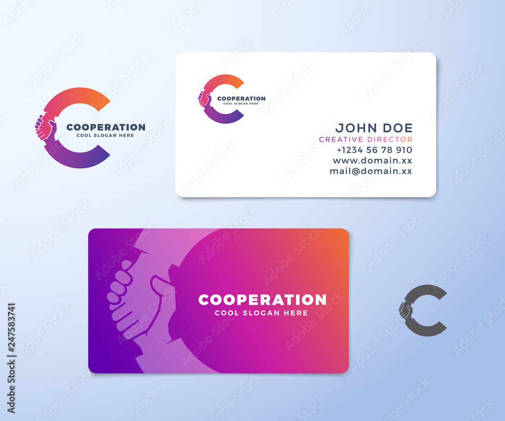 Cooperation Abstract Vector Logo and Business Card Template. Hand Shake ...