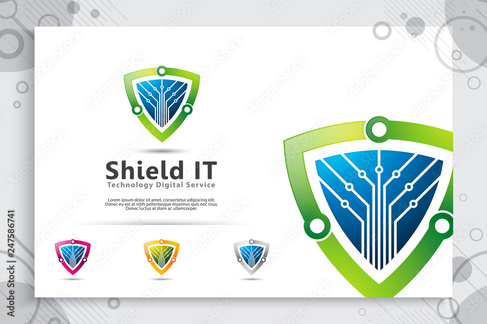 3d shield tech vector logo design with modern concept , abstract illustration symbol of cyber ...