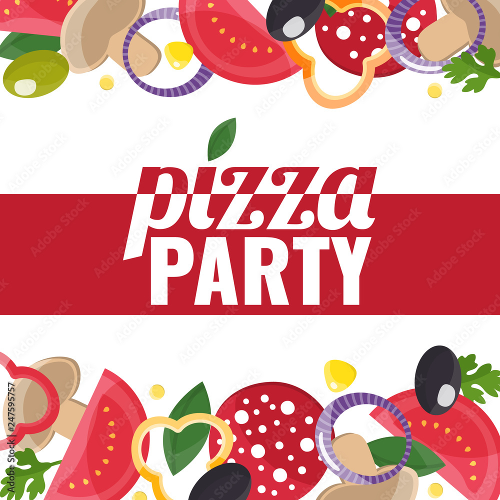 Pizza Party template banner with pizza ingredients. Poster, flyer ...