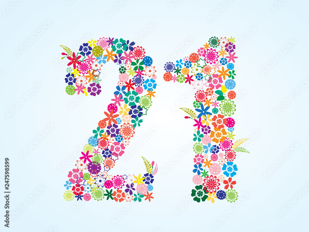 Vector Colorful Floral 21 Number Design isolated on white background ...