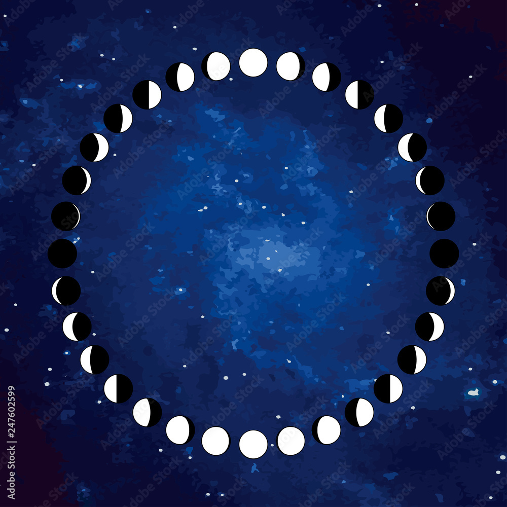 Vector. The phases of the moon on a cosmic background. Simple template ...