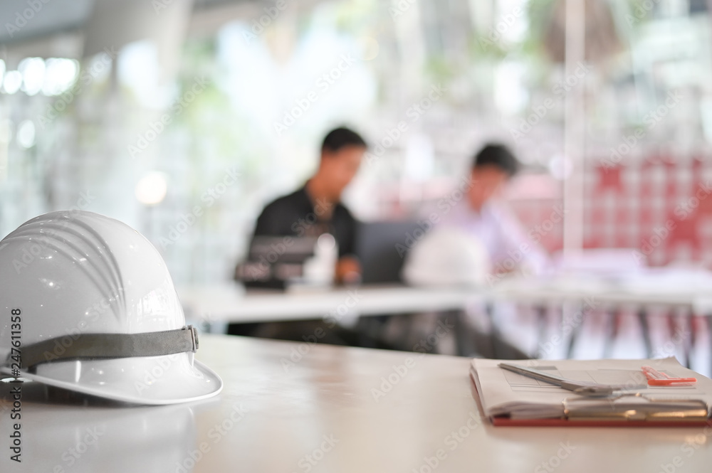 Architectural Office desk construction project with drawing equipment ...
