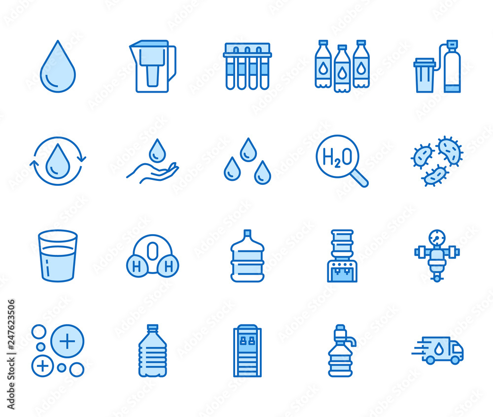 Water drop flat line icons set. Aqua filter, softener, ionization ...
