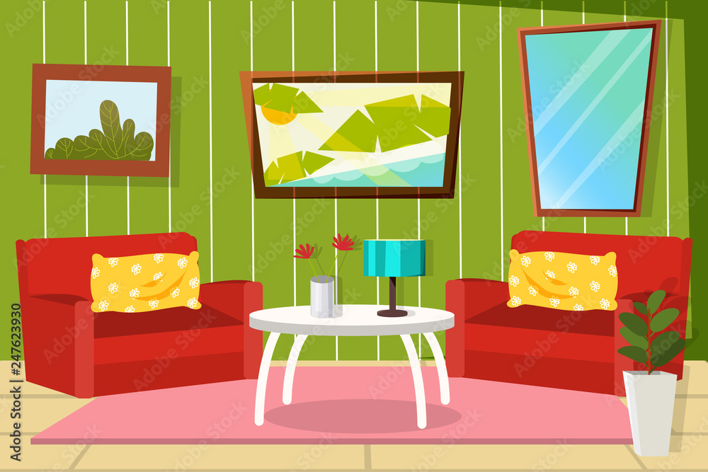 The interior of the living room in cartoon style with furniture. Two ...