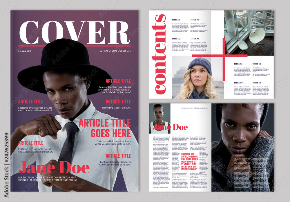 Magazine Layout with Red Accents Stock Template | Adobe Stock