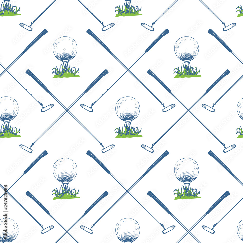 Seamless golf pattern with putter and ball. Vector set of hand-drawn ...