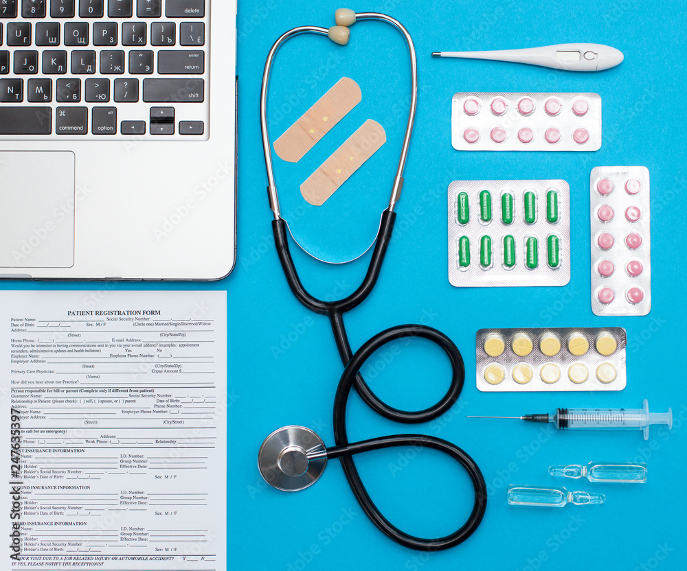 Flatlay of medicines, work tools and accessories doctor, nurse. Medical ...
