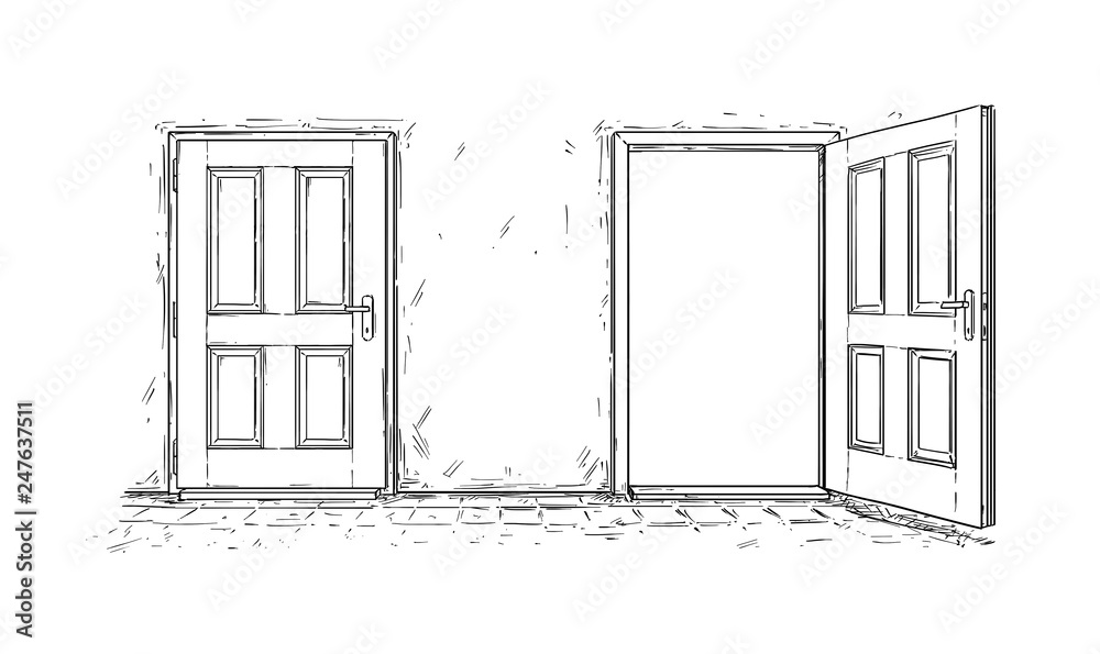 Cartoon doodle drawing of two open and close wooden decision door. Two ...