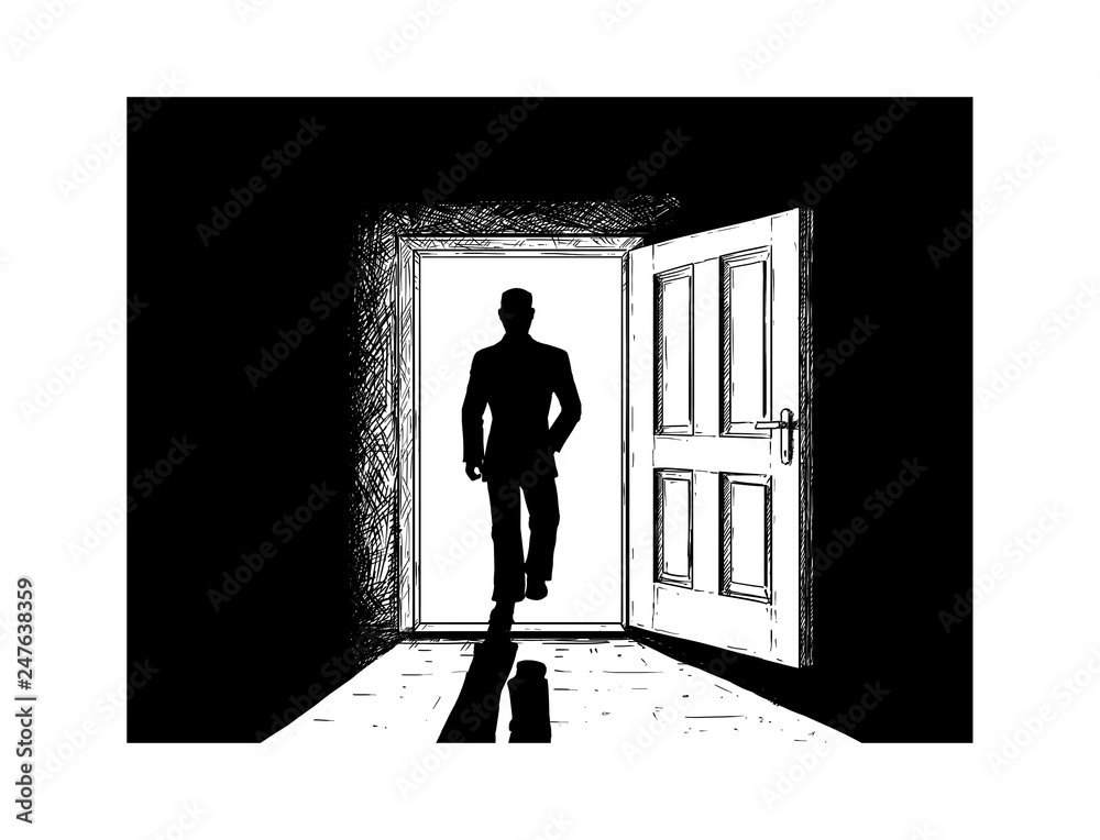 Cartoon doodle drawing illustration of open wooden decision door and ...