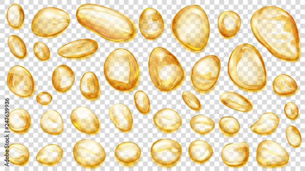 Set of yellow translucent water drops of different shapes, isolated on ...