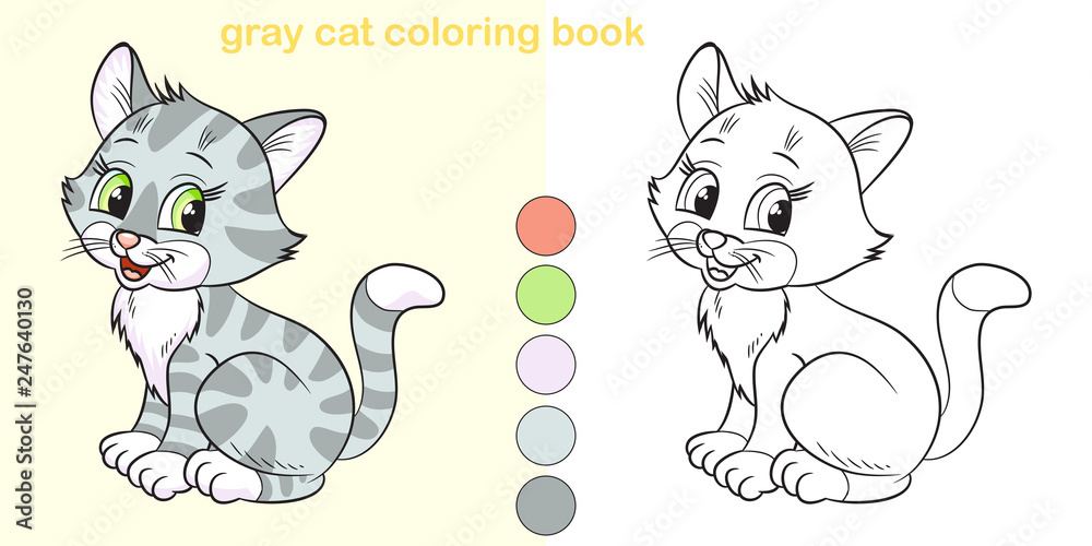 Coloring book gray cat. Cute cartoon character. Stock Illustration ...