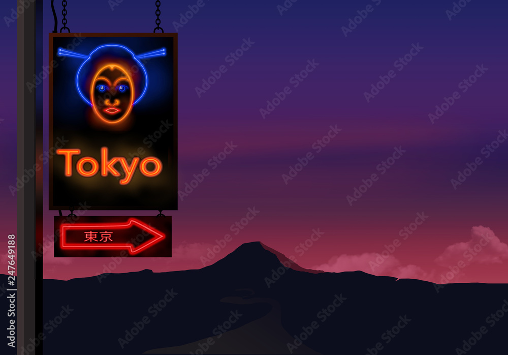 A neon sign points the way to Tokyo and the face of a geisha decorates ...