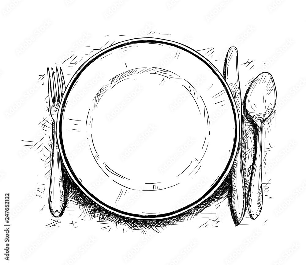 Artistic pen and ink drawing illustration of empty plate, knife and ...
