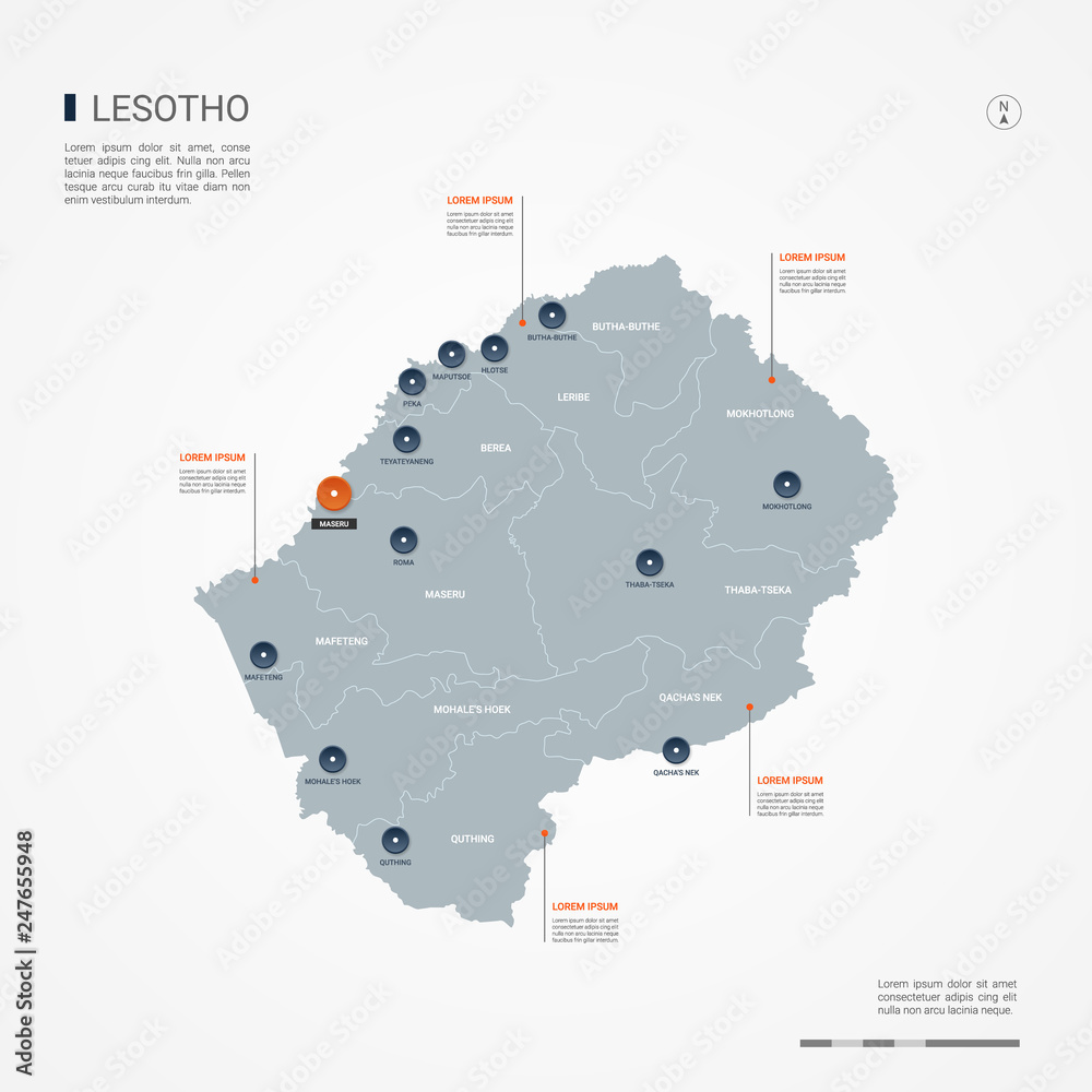 Lesotho map with borders, cities, capital and administrative divisions ...