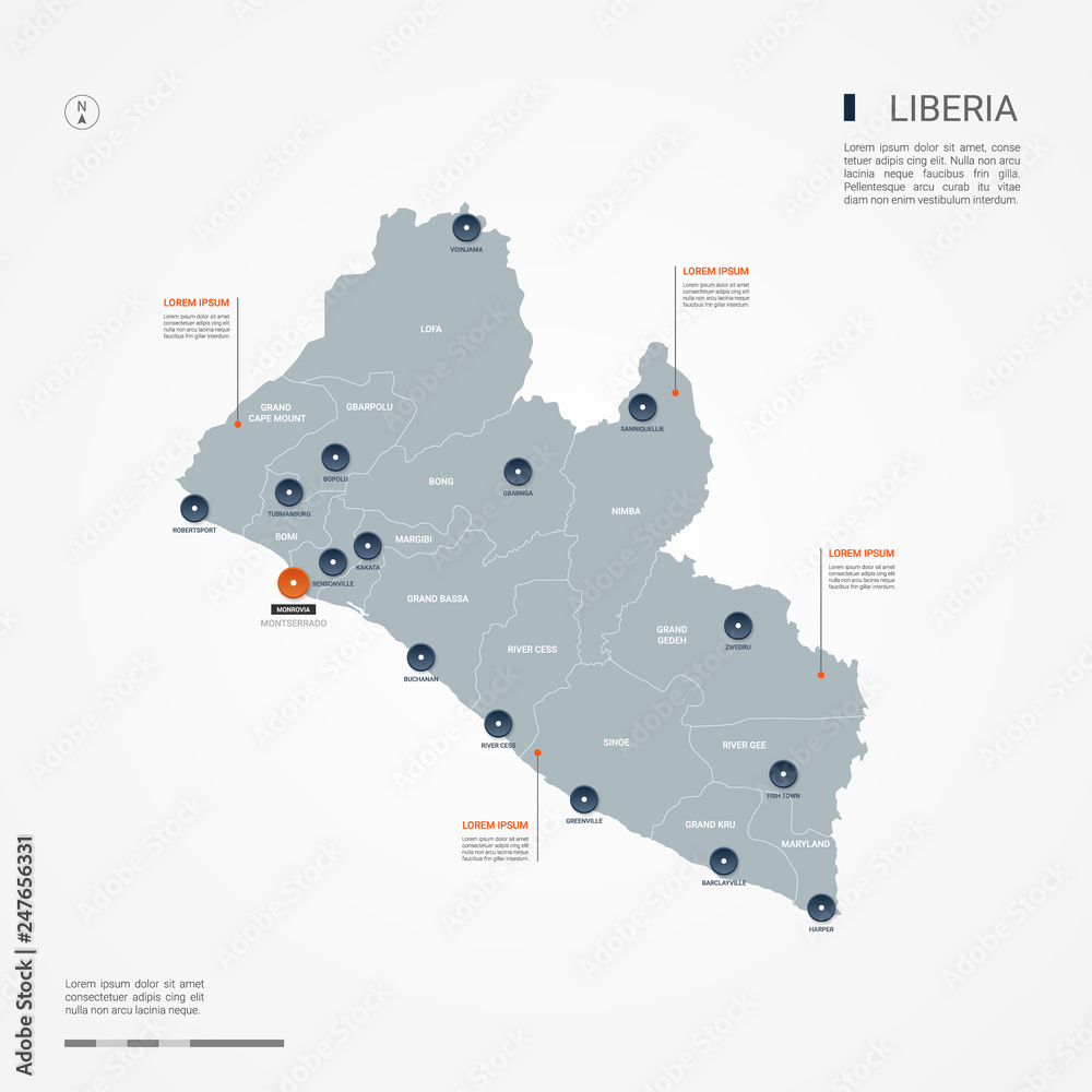 Liberia map with borders, cities, capital and administrative divisions ...