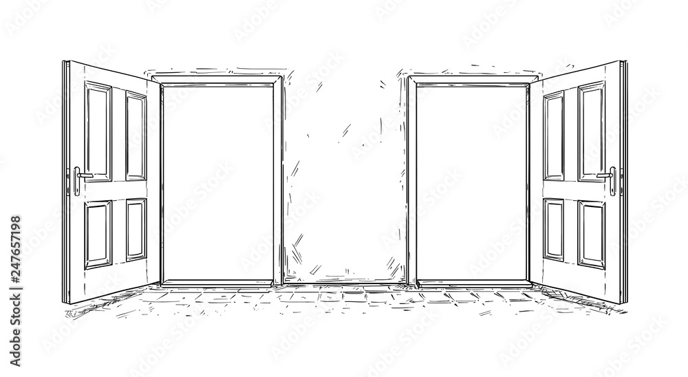 Cartoon doodle drawing of two open wooden decision door. Two choices or ...