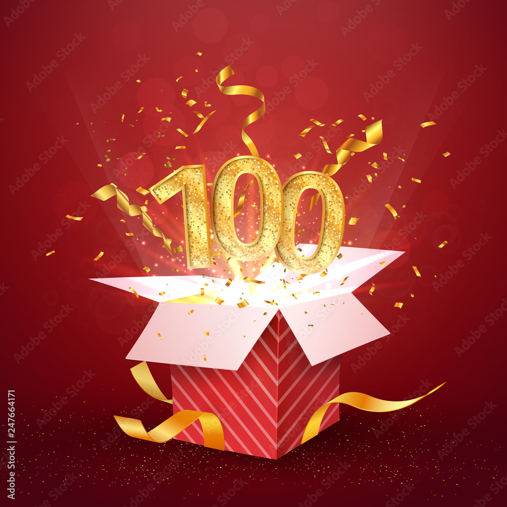 100 th years number anniversary and open gift box with explosions ...