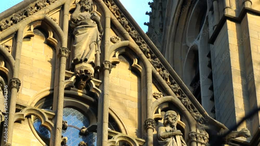Close up shot of the exterior walls and facade of a church, showing ...