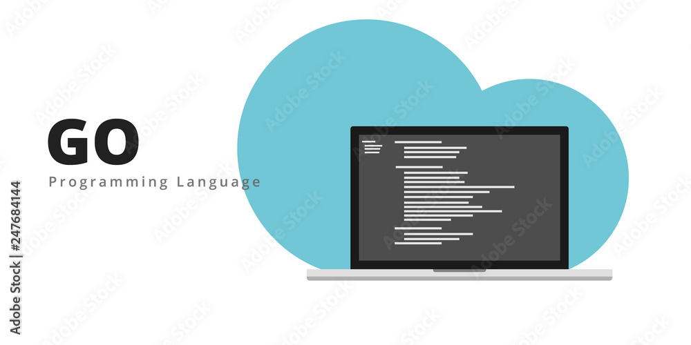 Vektorová grafika „Learn to code GO LANG programming language with script code on laptop screen ...