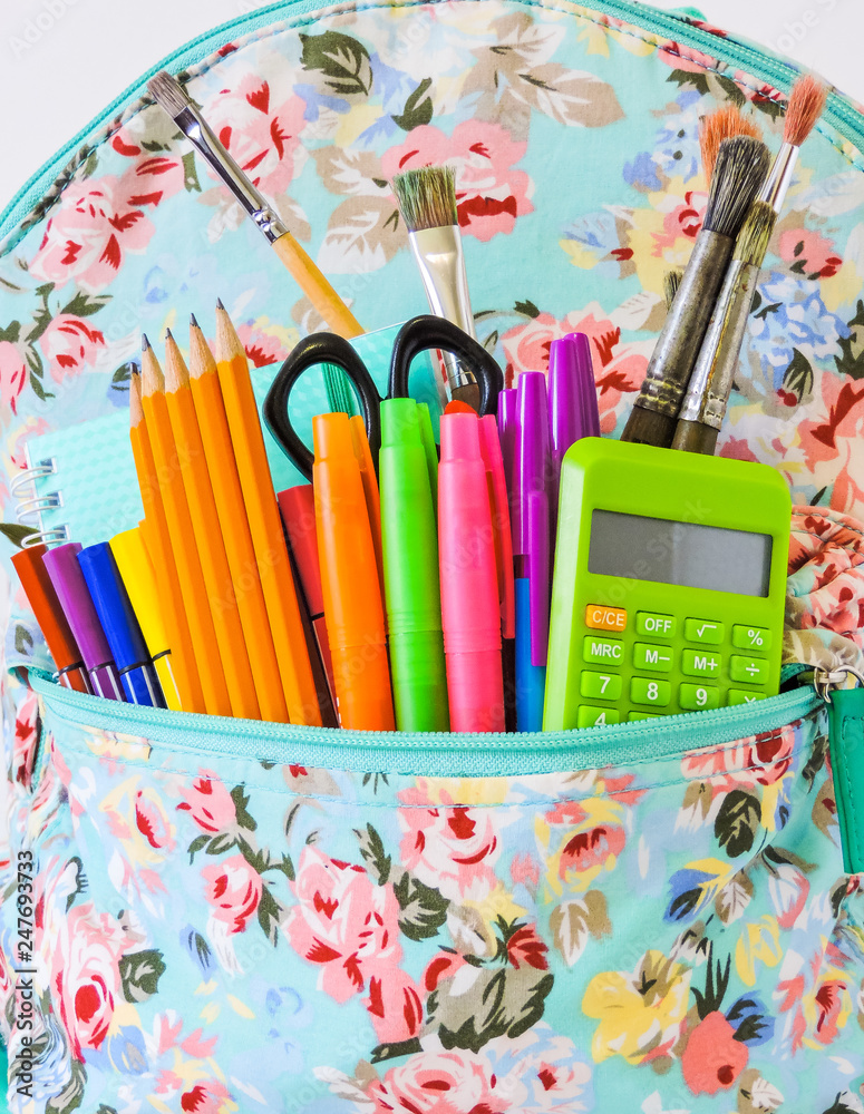 Back to school concept. School backpack and school supplies on white ...