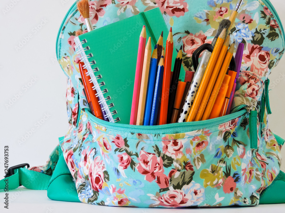 Back to school concept. School backpack and school supplies on white ...