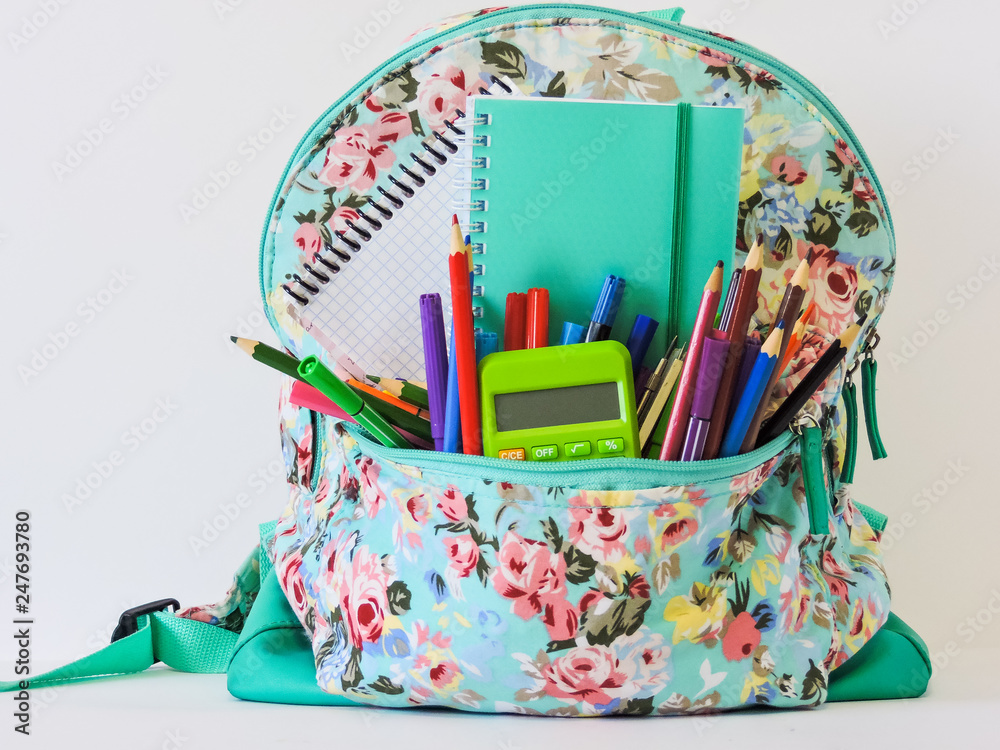 Back to school concept. School backpack and school supplies on white ...