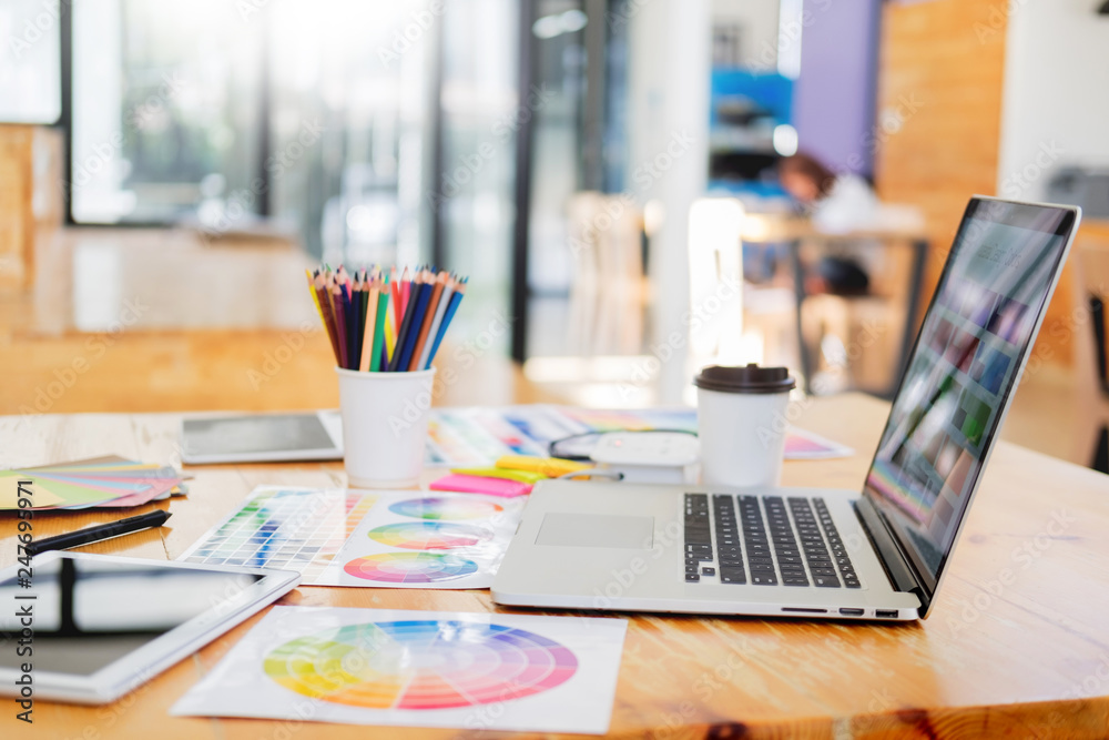 team interior designer drawing a new project using graphic computer and ...