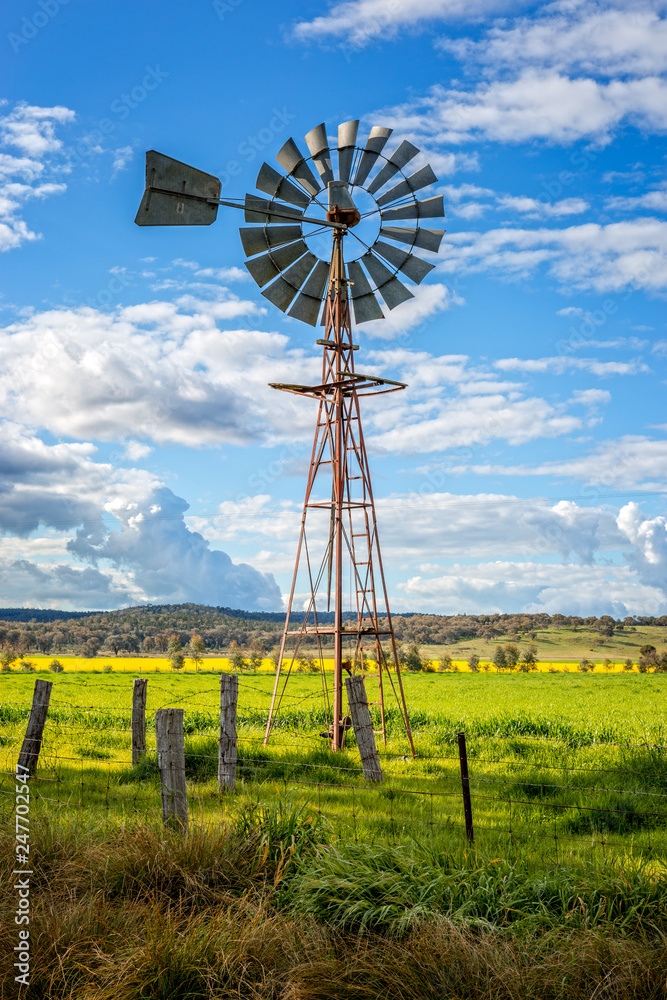 Southern Cross windmill in a rural field with crops Stock Photo | Adobe ...