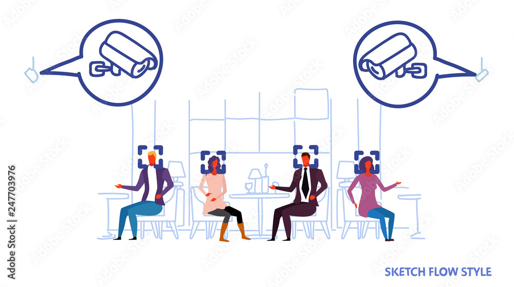 people cafeteria visitors sitting at cafe cctv facial recognition ...