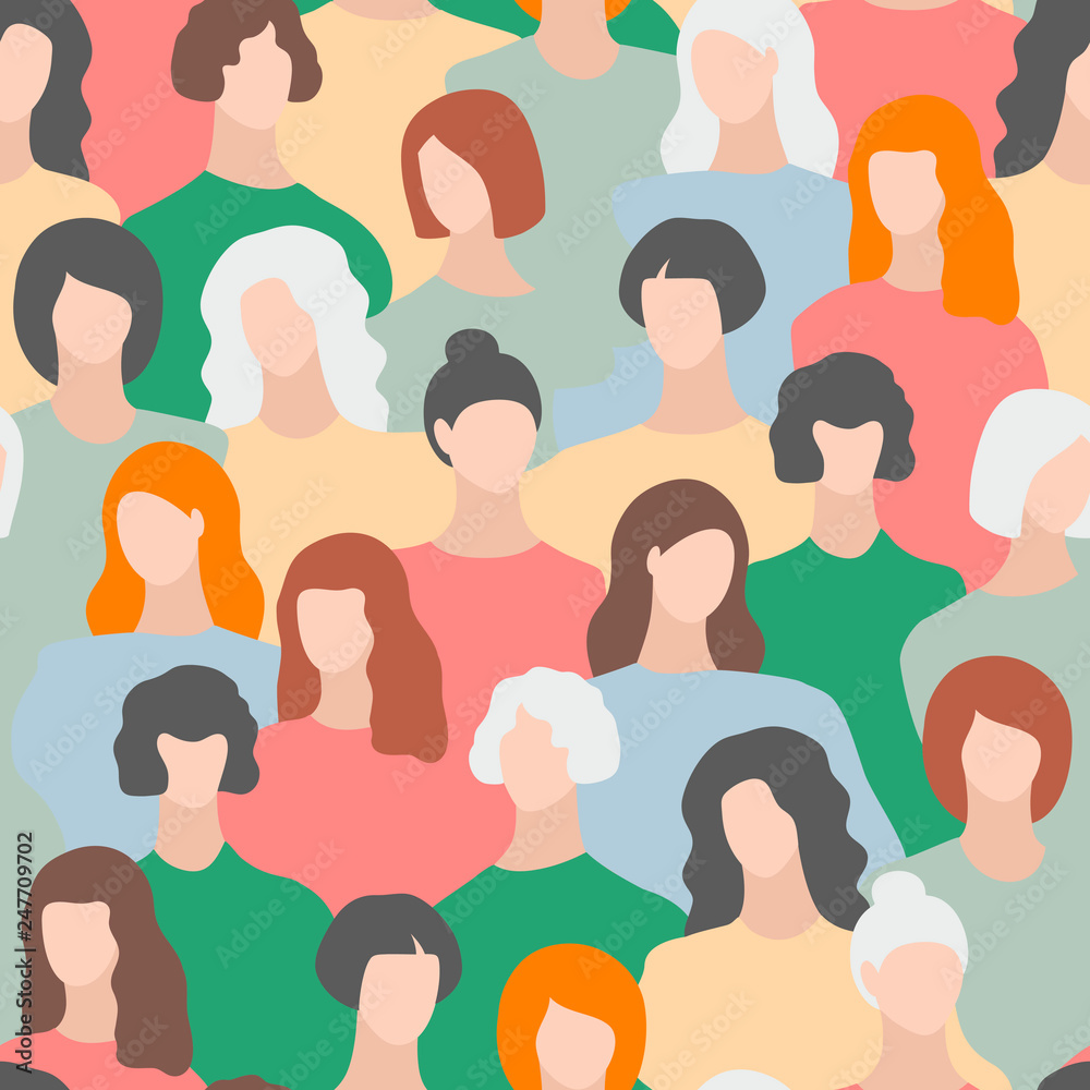 Seamless pattern of girls and women drawing in flat abstract style ...